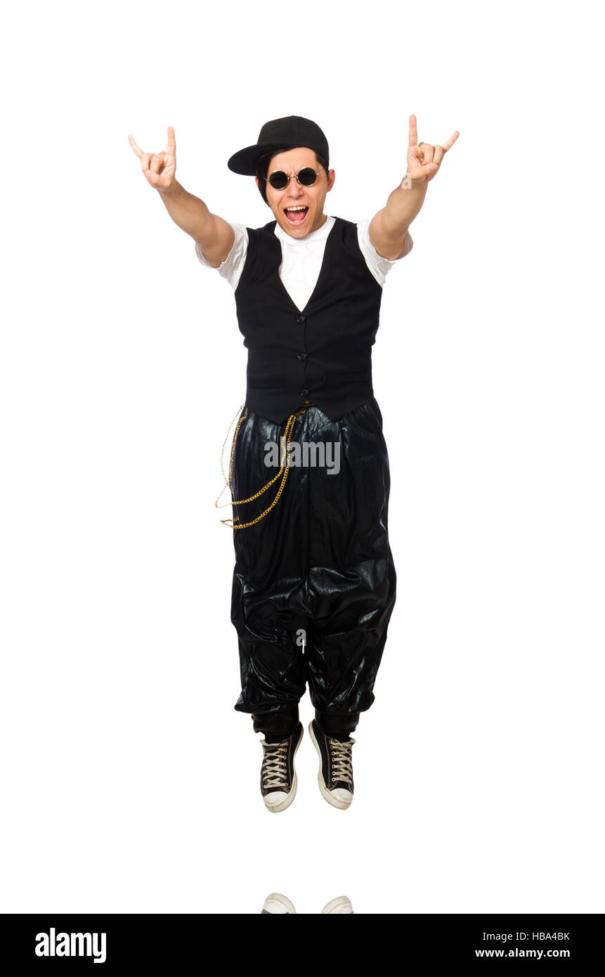 Funny young man dancing isolated on white Stock Photo - Alamy