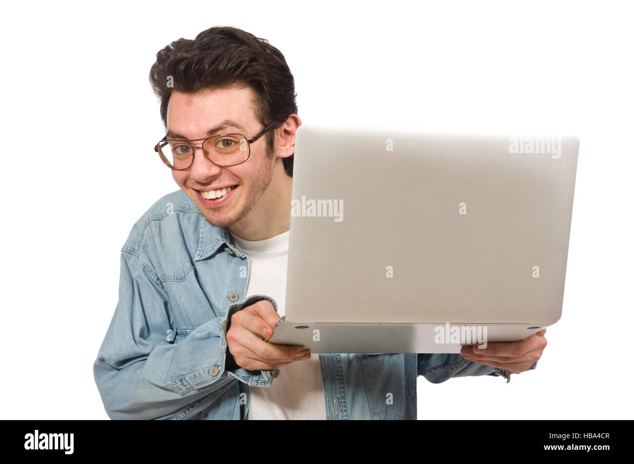 Young student with laptop isolated on white Stock Photo - Alamy