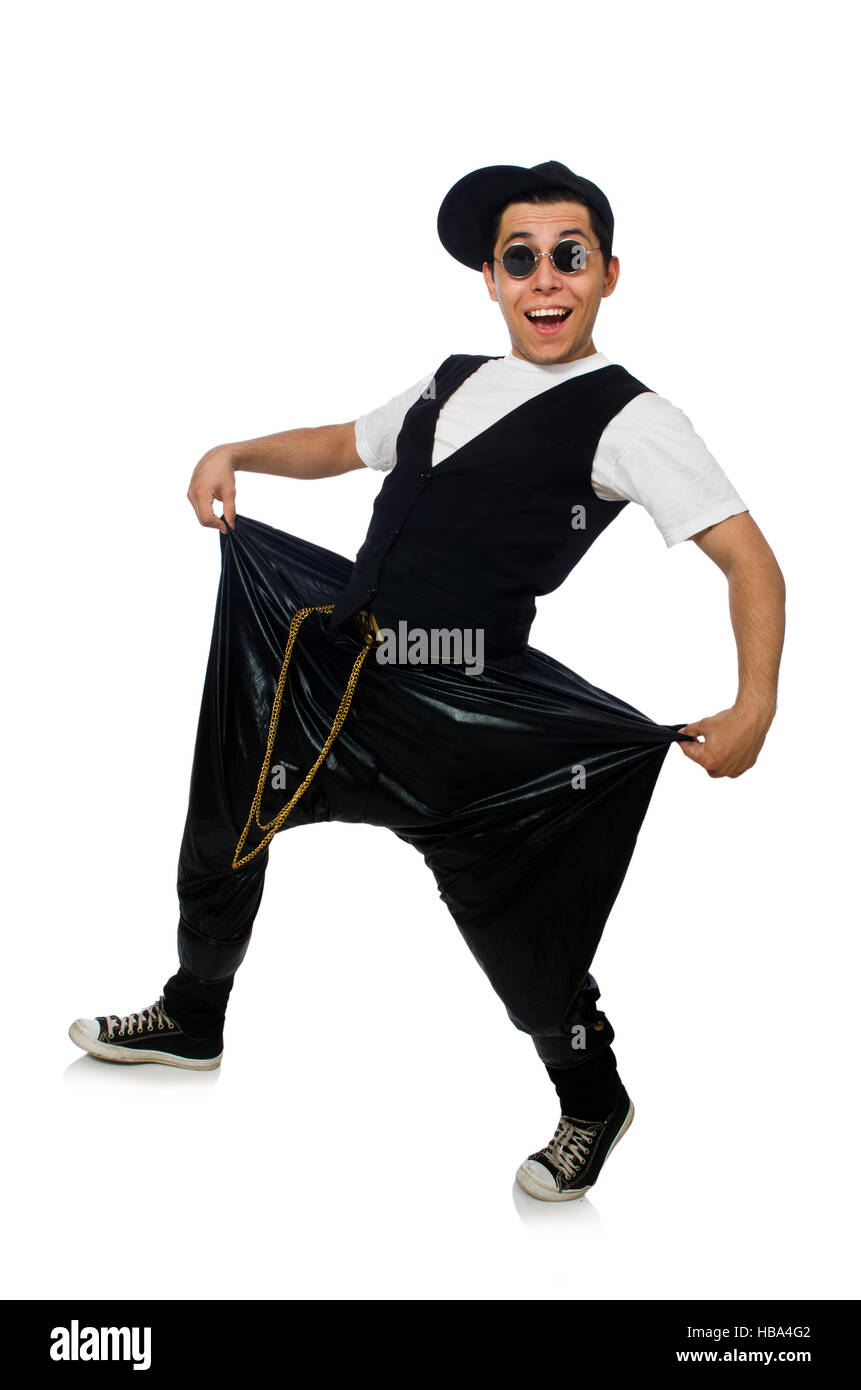 Funny young man dancing isolated on white Stock Photo - Alamy