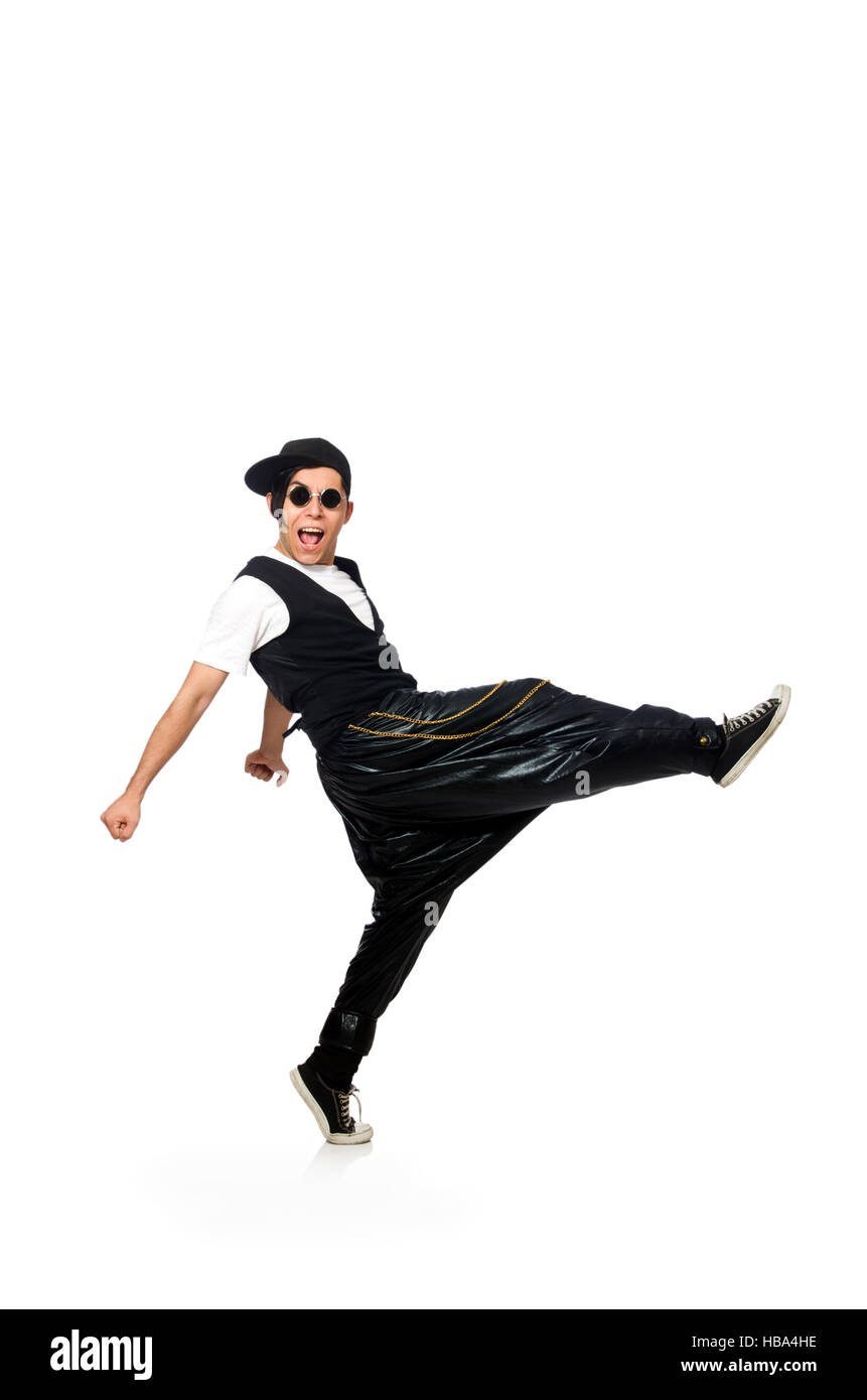 Funny young man dancing isolated on white Stock Photo - Alamy