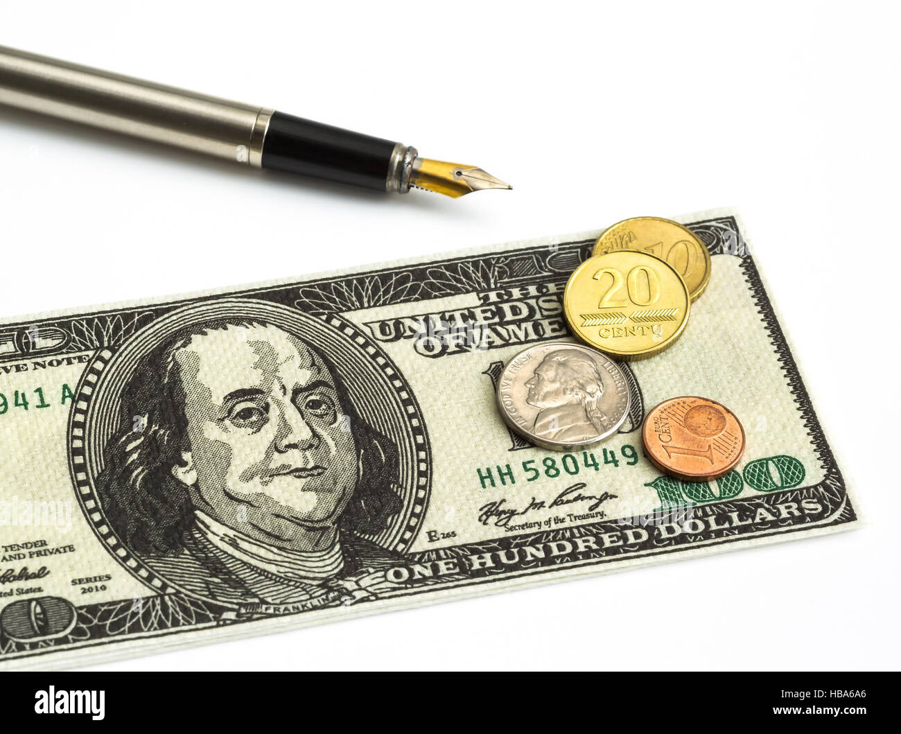 currency notes; coins, pen Stock Photo - Alamy