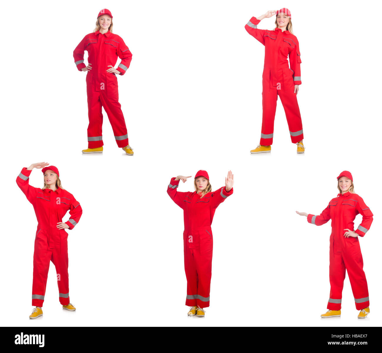 Woman in red overalls isolated on white Stock Photo - Alamy