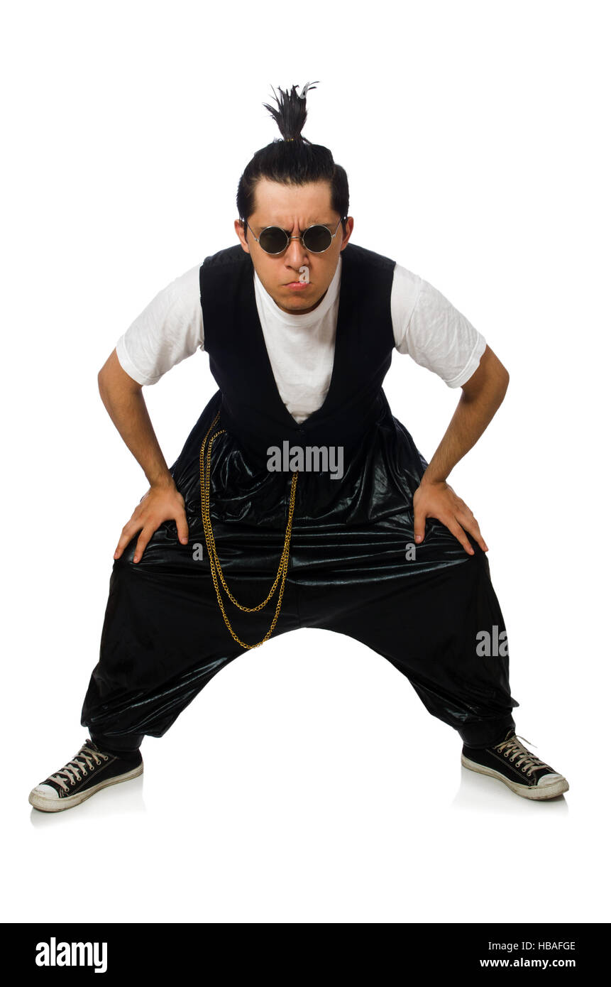 Funny young man dancing isolated on white Stock Photo - Alamy