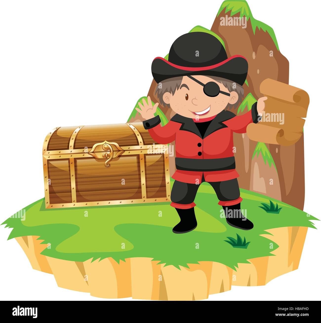 Pirate and treassure chest on island illustration Stock Vector Image ...