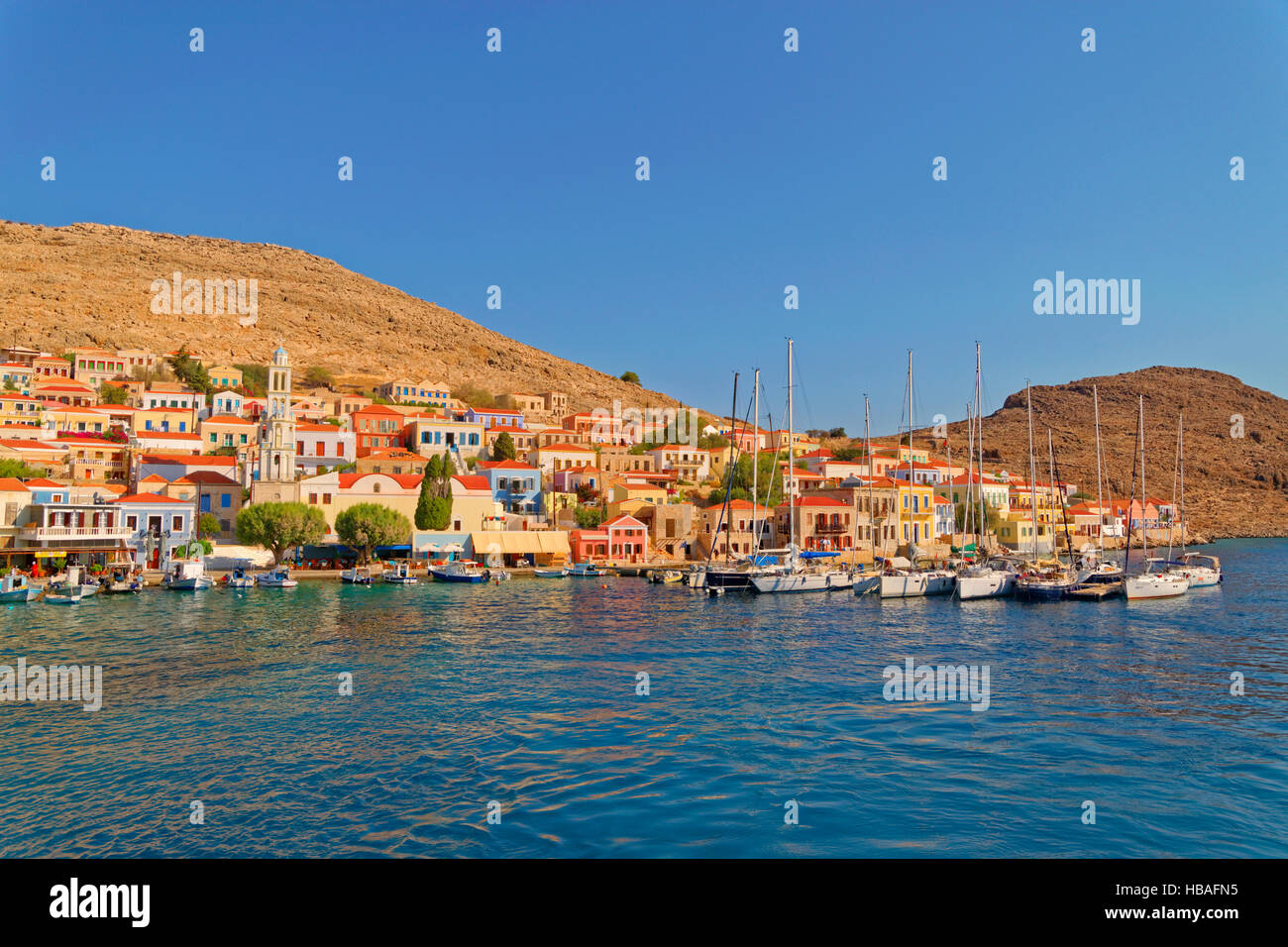 Chalki town on the Greek island of Chalki situated off the north coast ...