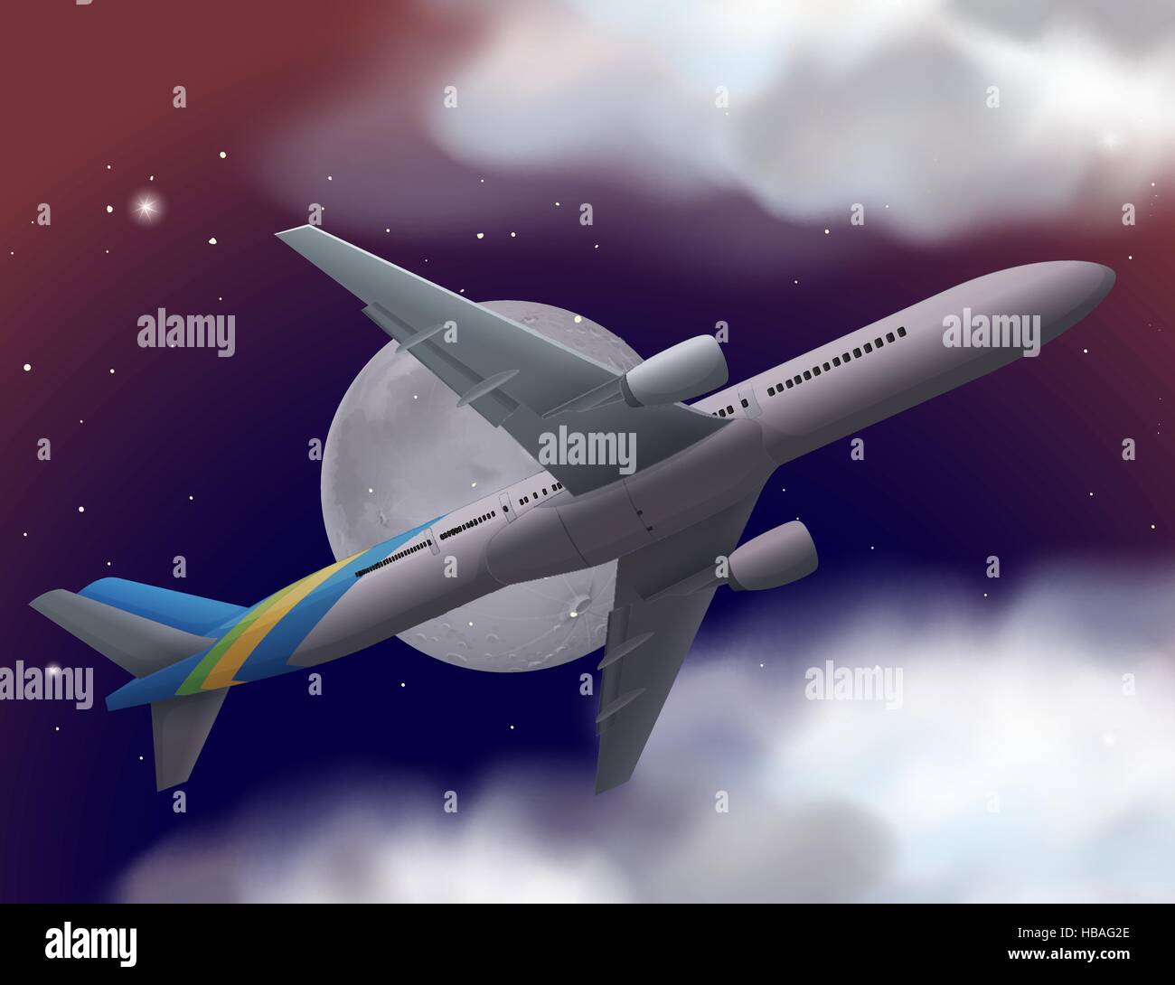 Airplane flying in the sky at night illustration Stock Vector Image ...