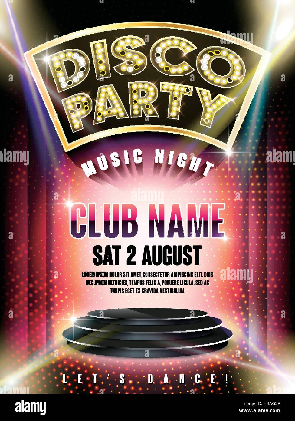 gorgeous disco party poster with illuminated stage and laser light on ...