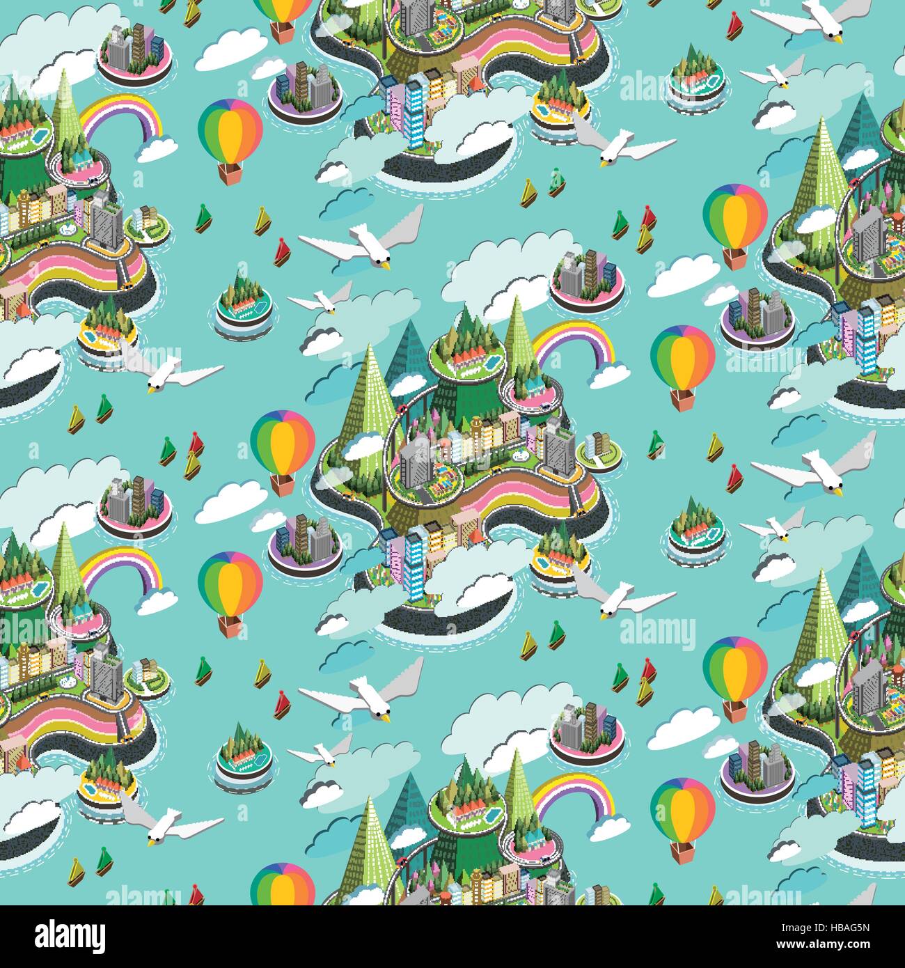 adorable island city seamless background with colorful elements Stock ...
