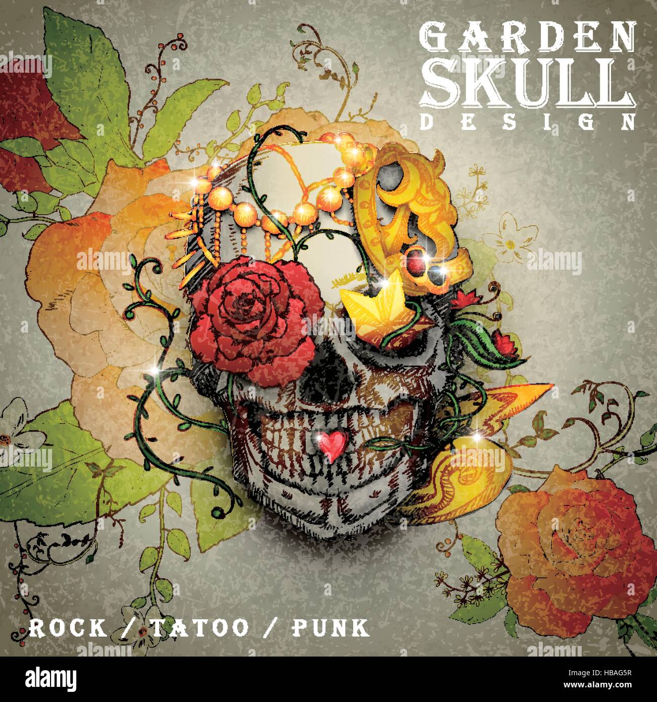 attractive garden skull design poster combined with retro floral ...