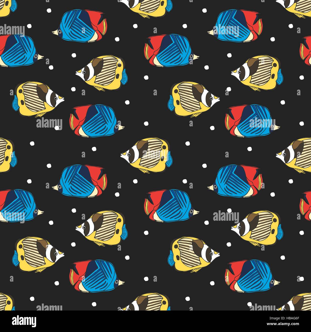 vivid colorful hand drawn tropical fish seamless background Stock ...