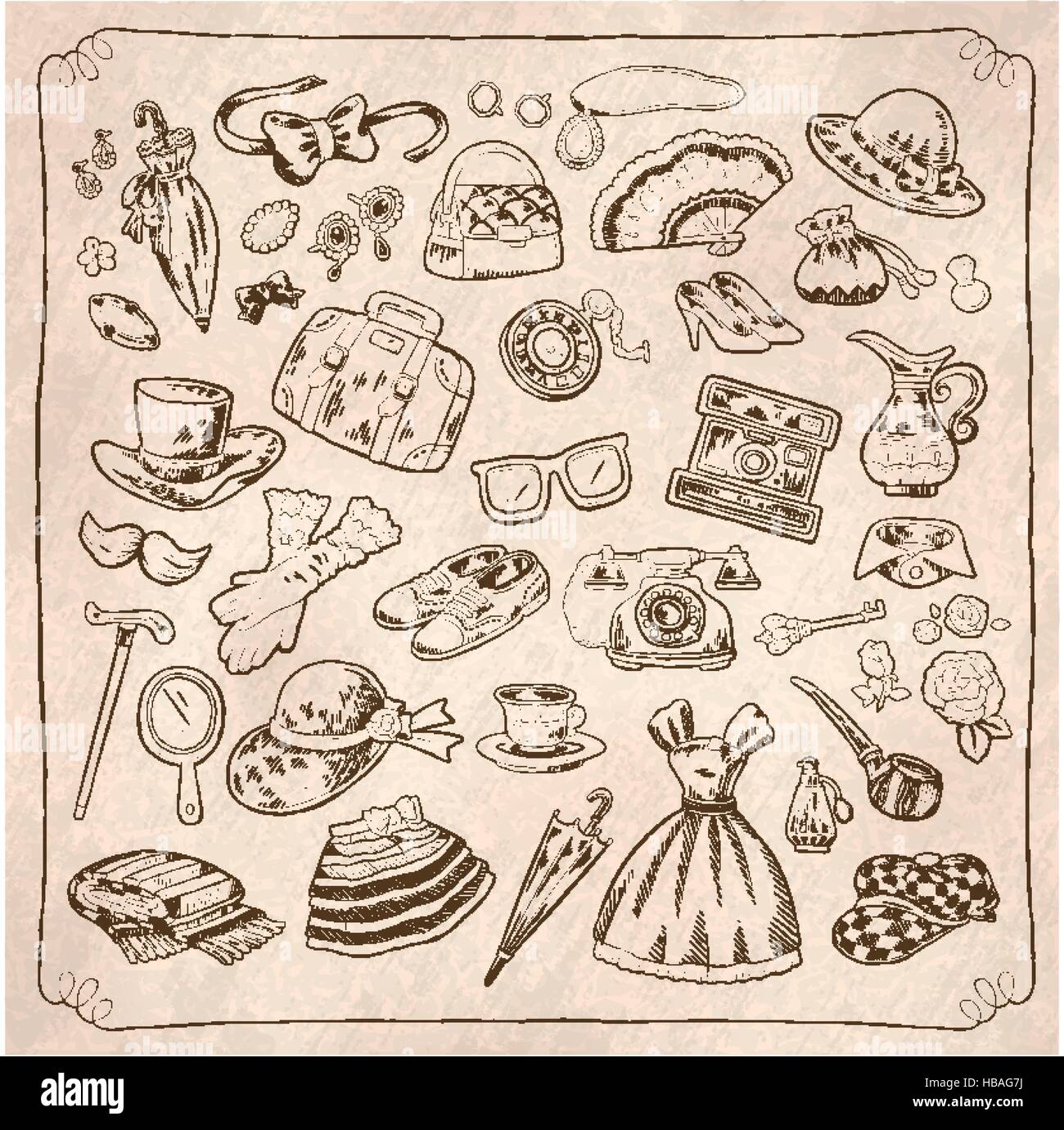 retro hand drawn style fashion elements in thin line Stock Vector Image ...