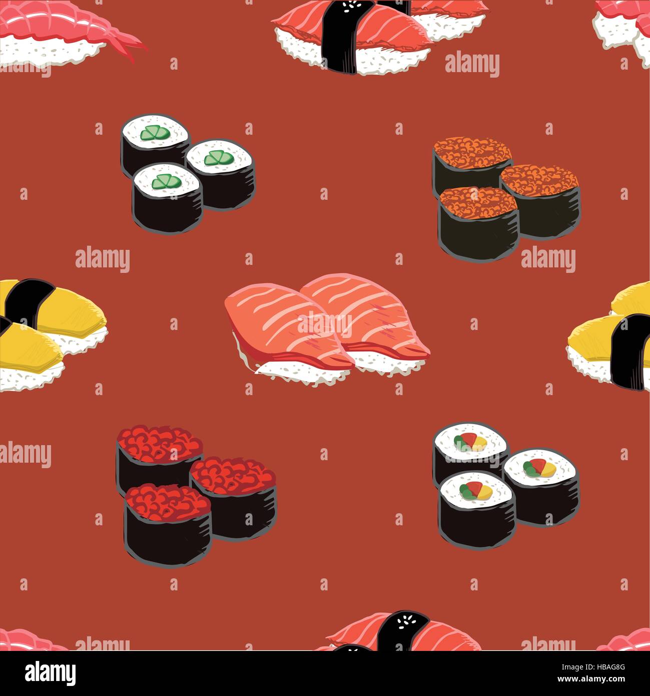 attractive sushi collection set seamless background over red Stock ...