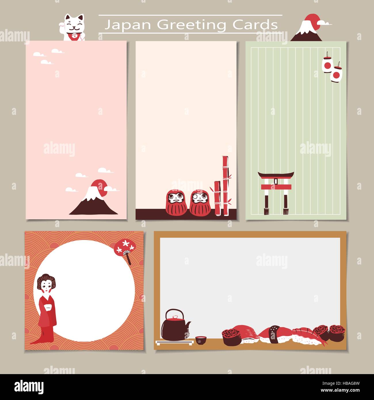 memo set with traditional Japan culture representative things in flat ...