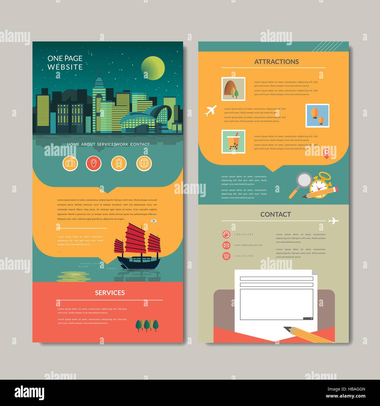 adorable one page web design with night scene in flat style Stock ...