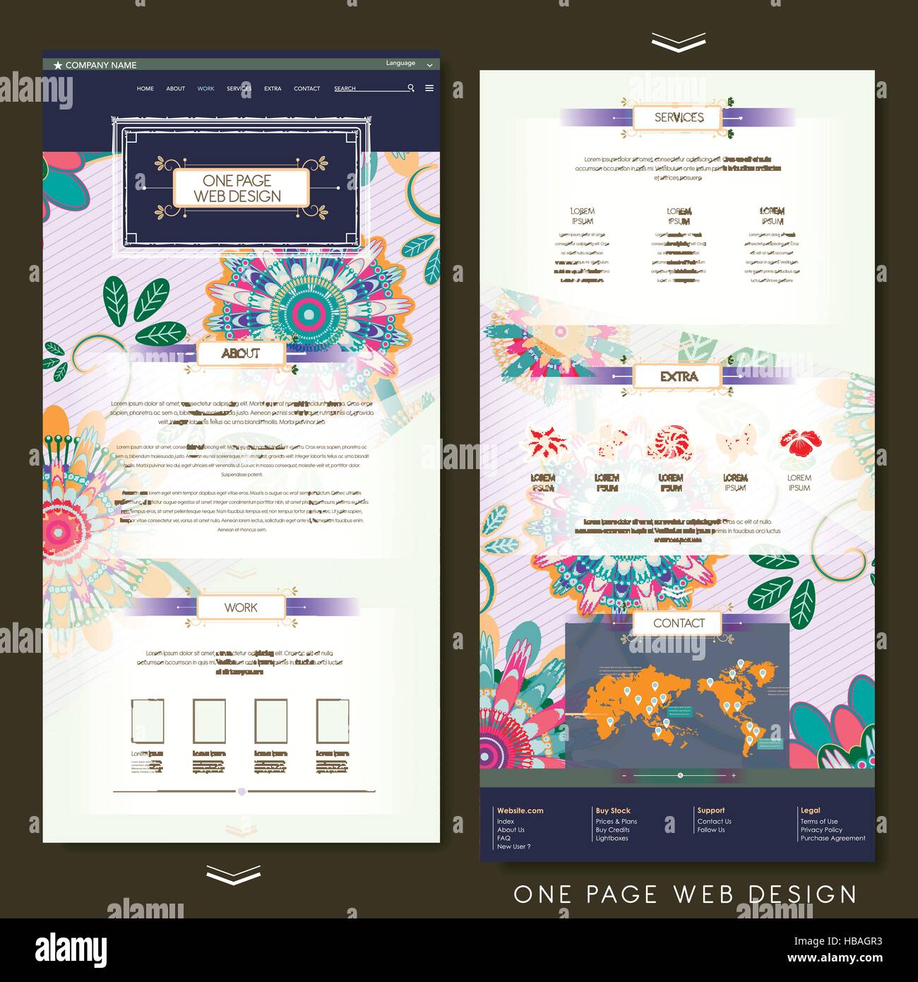 colorful one page website design template with floral elements Stock ...