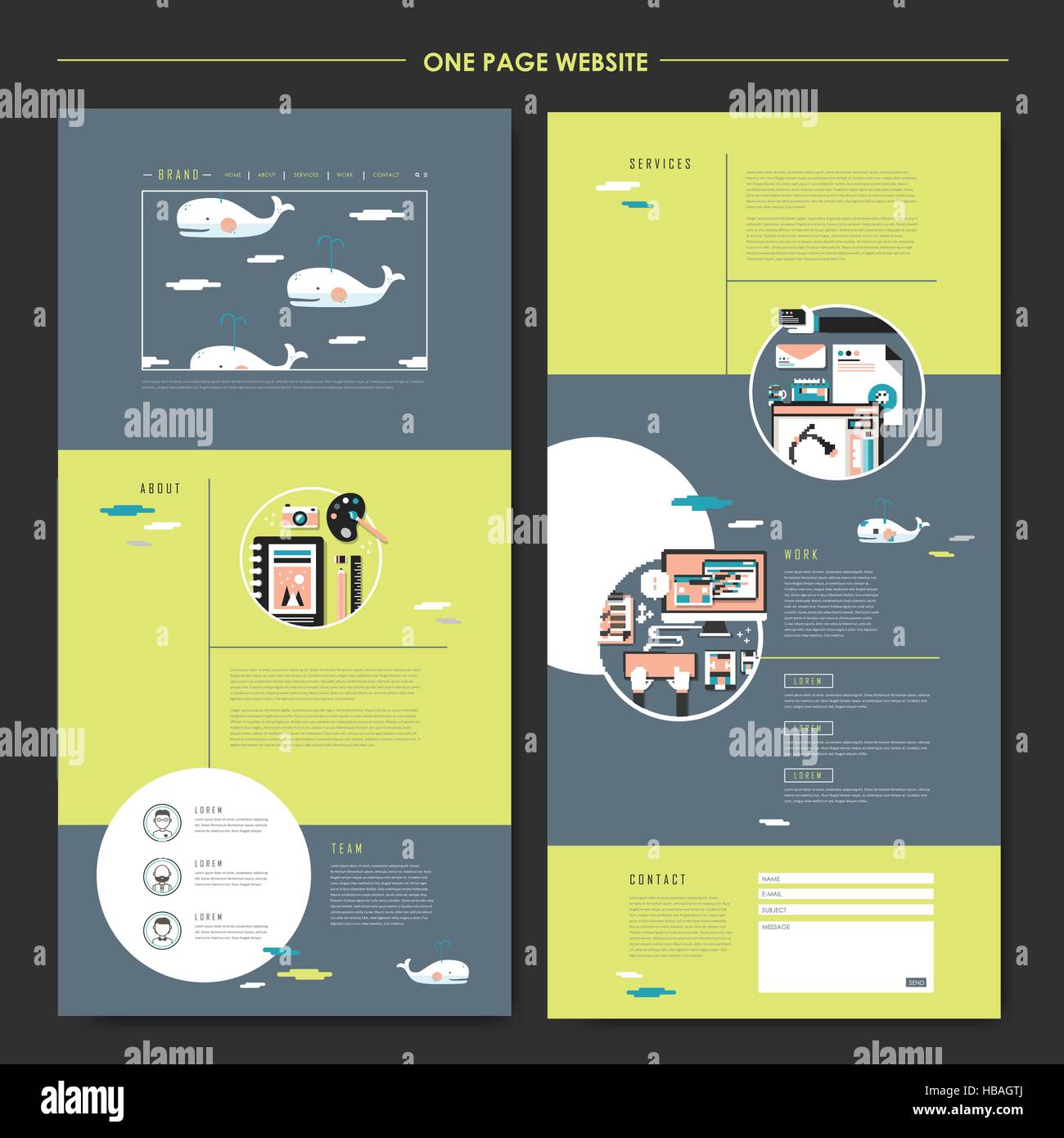 lovely one page website design template in flat style with whales Stock ...