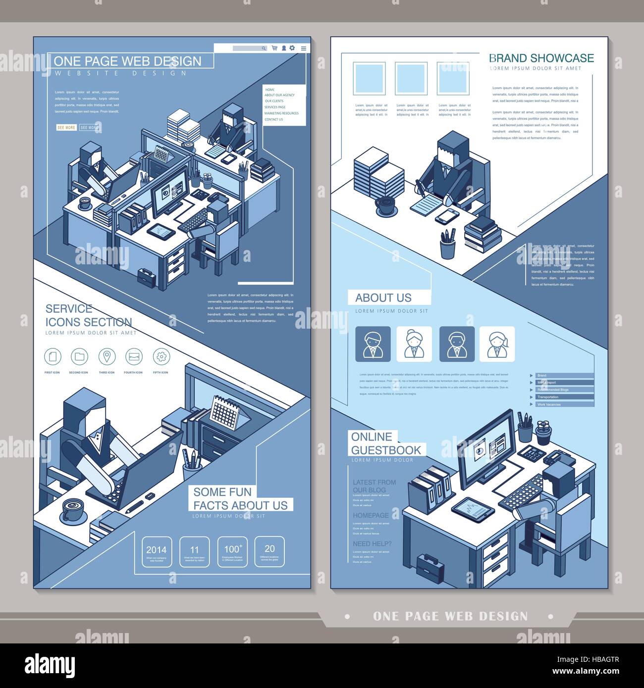 office scene one page website design template in flat style Stock ...