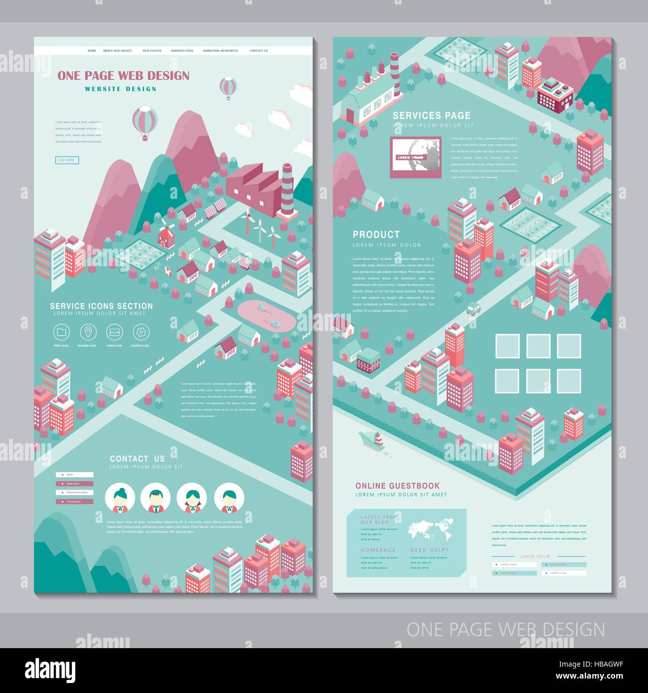 city concept one page website design template in flat style Stock ...