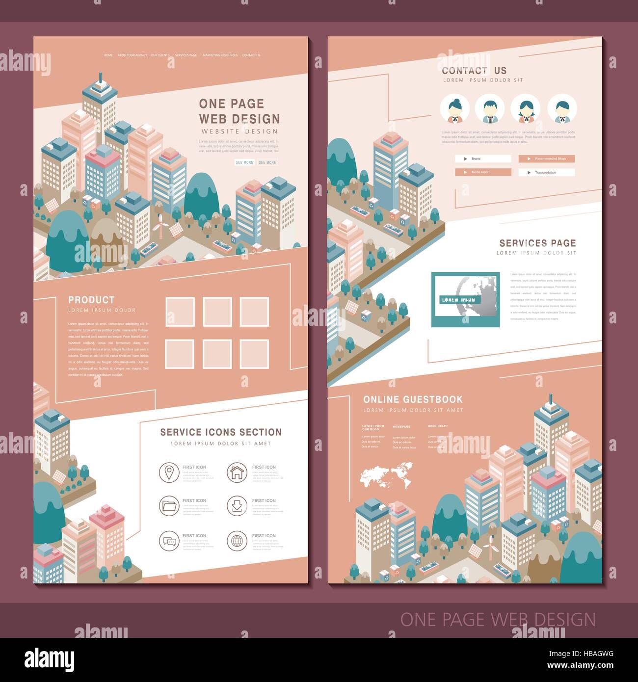 city concept one page website design template in flat style Stock ...