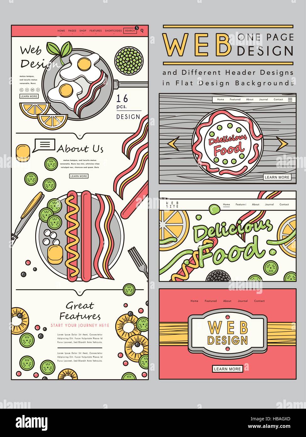 creative one page website design template with delicious dishes Stock ...