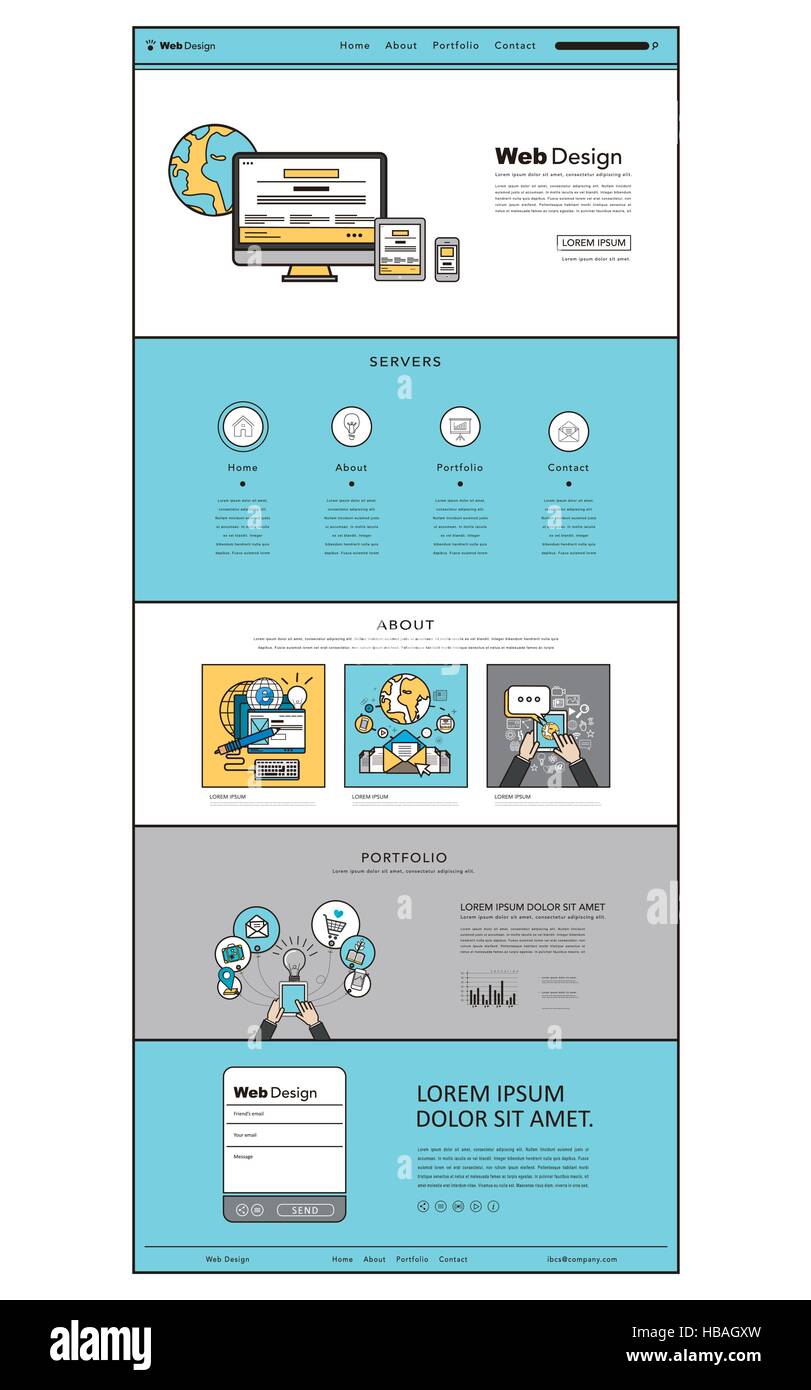 technology one page website design template in flat line style Stock ...