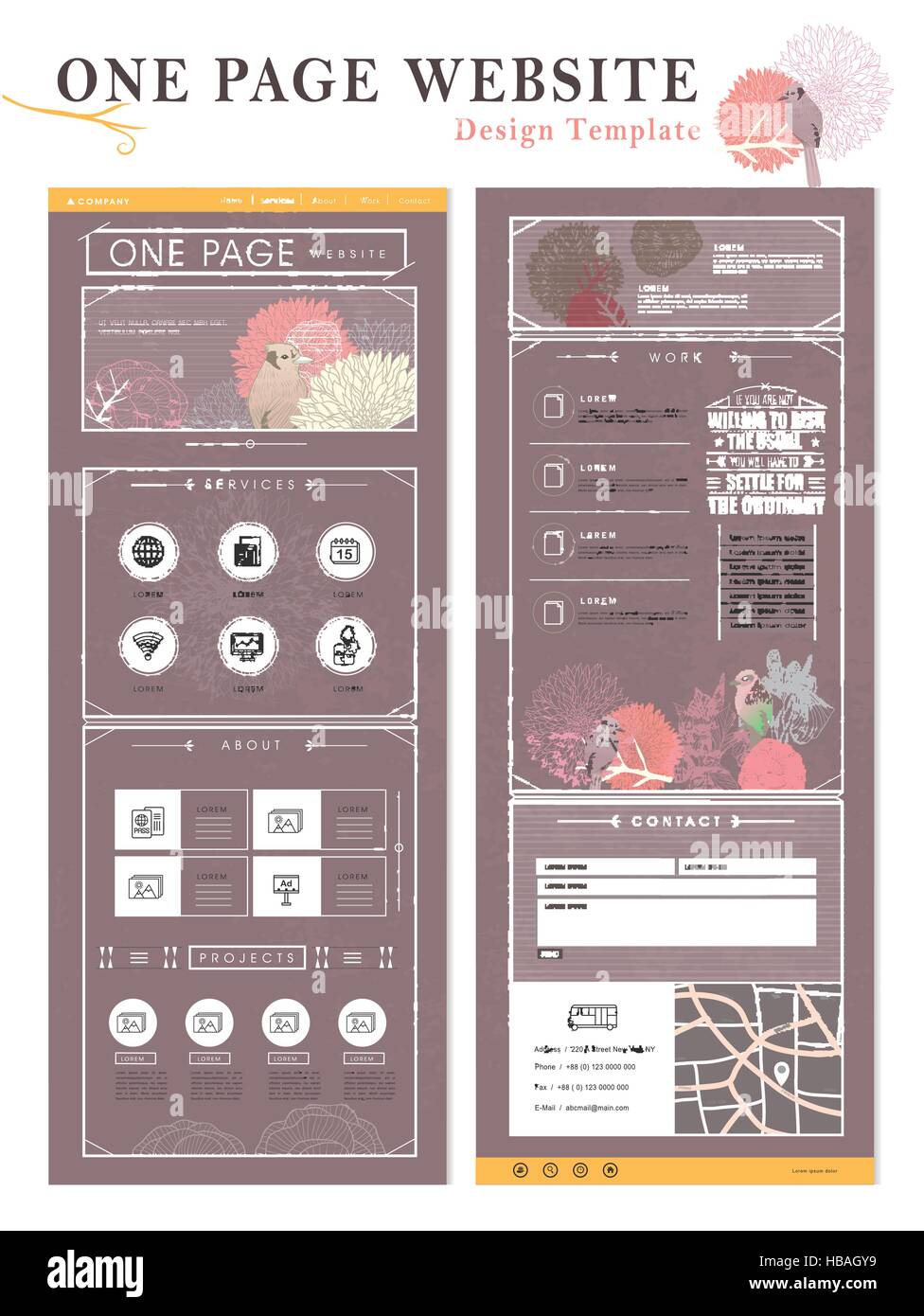 elegant concept one page website design template with floral and birds ...