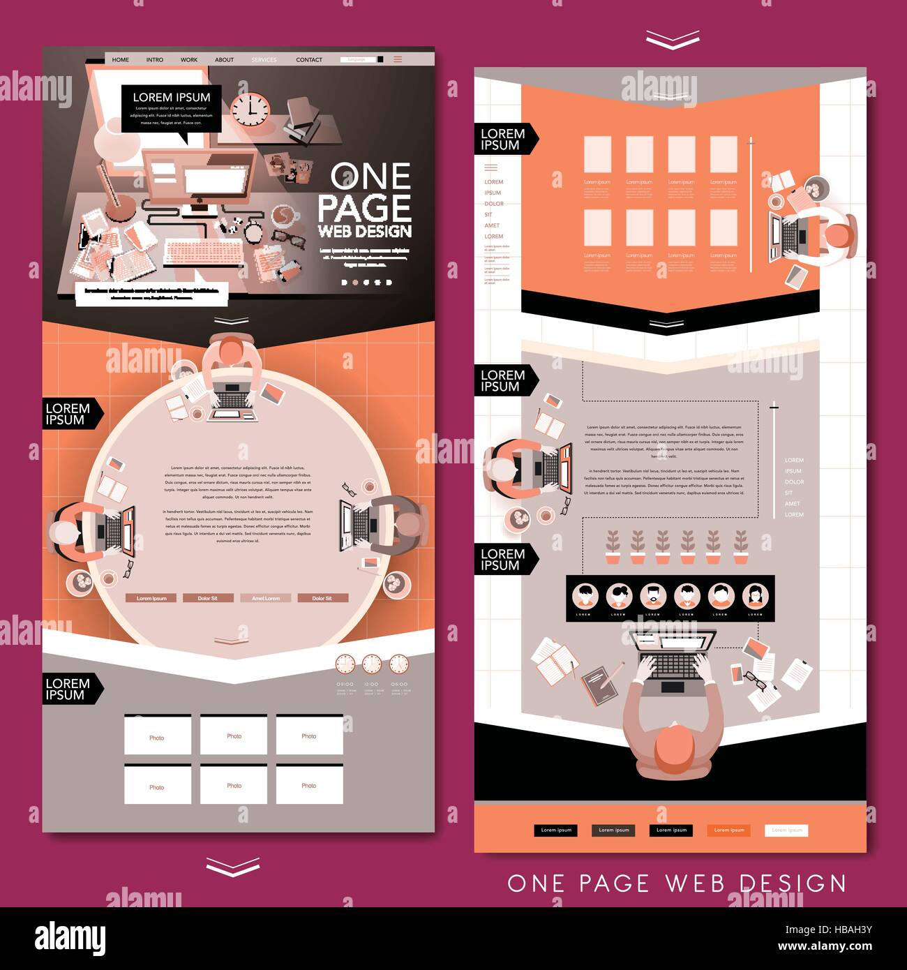 one page website template design with top view of work place in flat ...