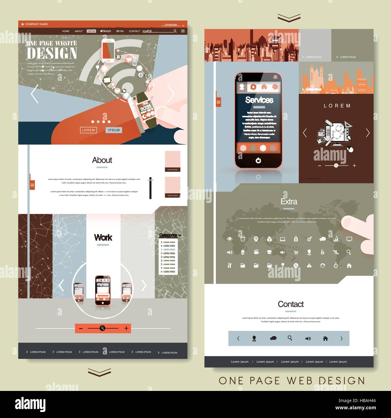 technical style one page website template design with smartphone Stock ...