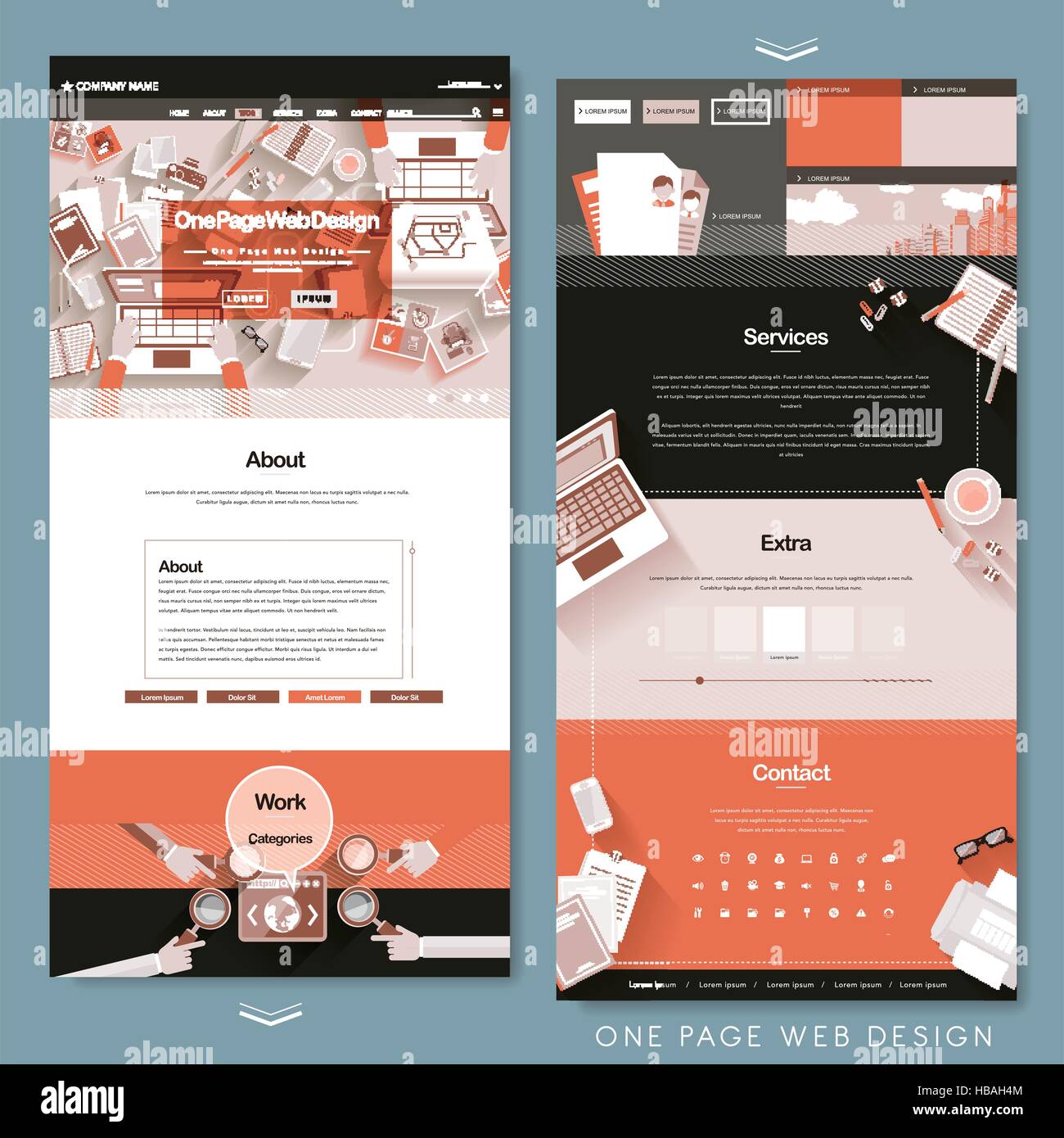orange one page website template design with top view of workplace ...