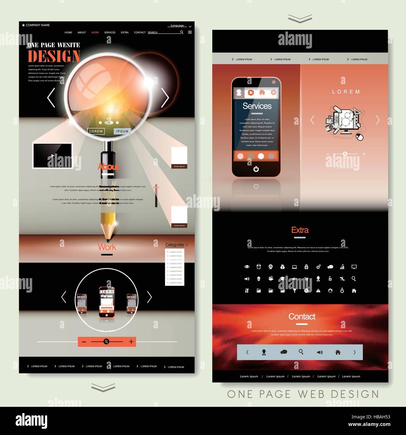 creative one page website template design with magnifying glass combine ...