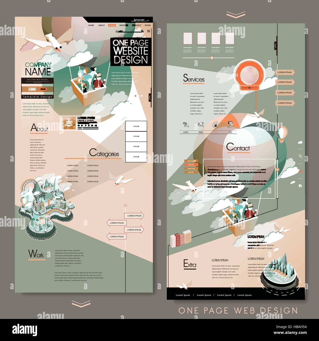 adorable one page website template design with hot air balloon tourism ...