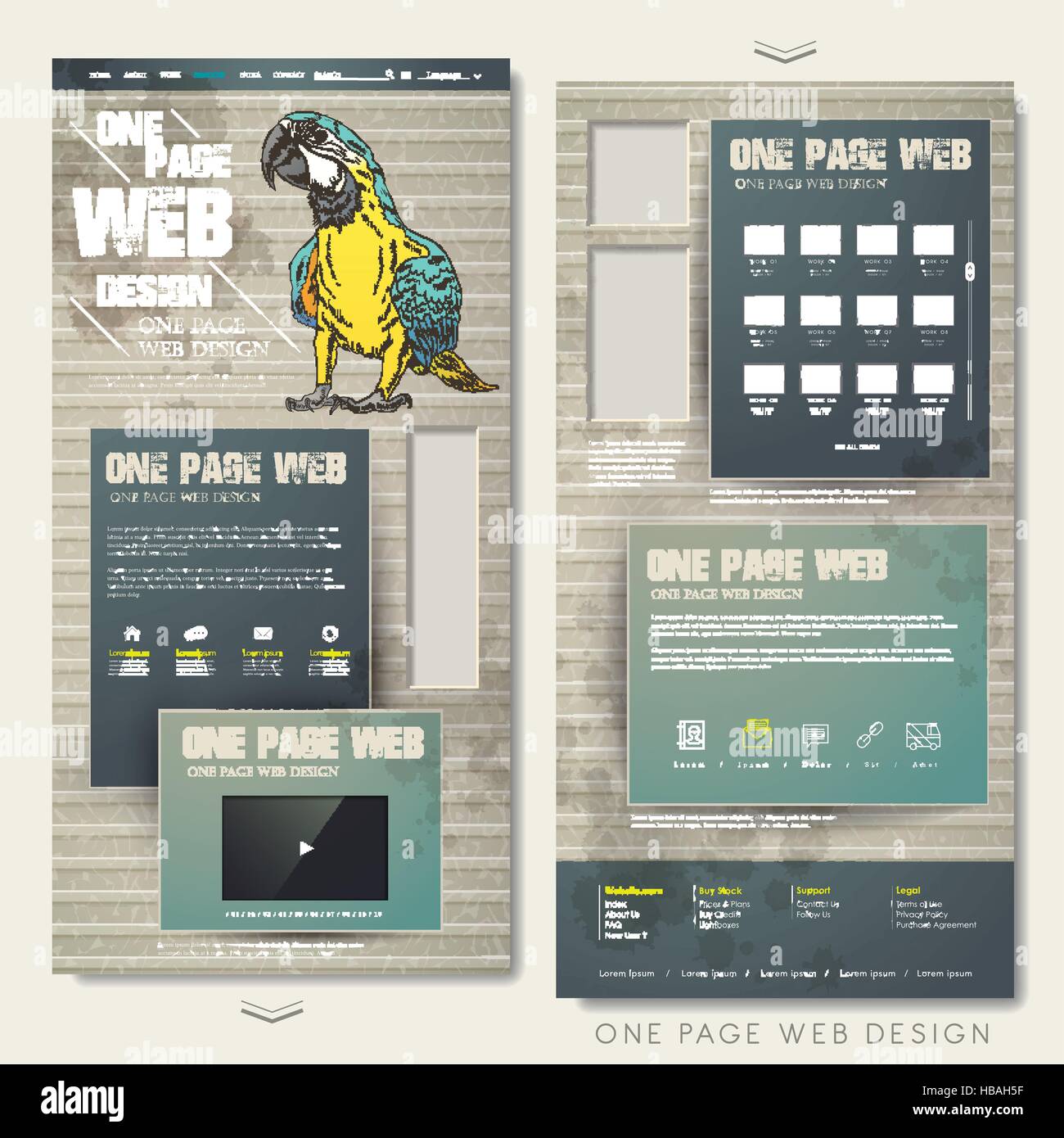retro one page website template design with a clever parrot in blue and ...