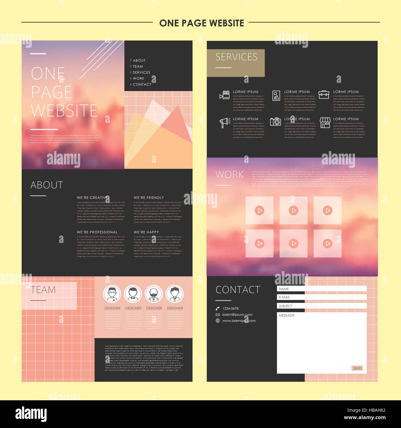 romantic one page website template design with pink blurred background ...