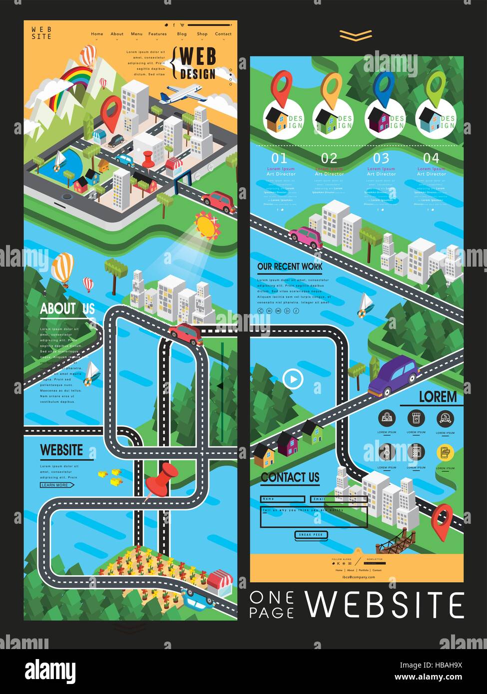 lovely modern one page website template design with little town ...