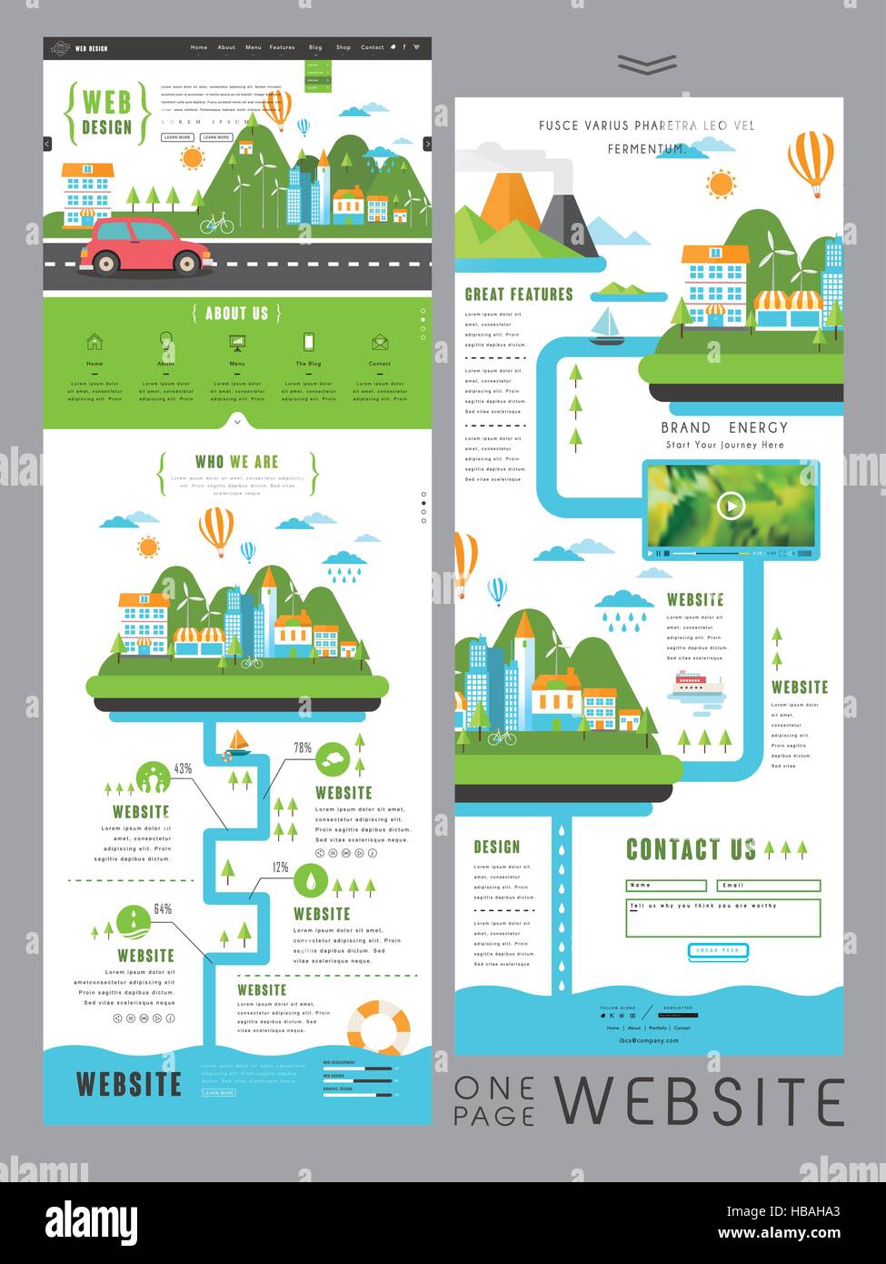 lovely modern one page website template design with little town ...