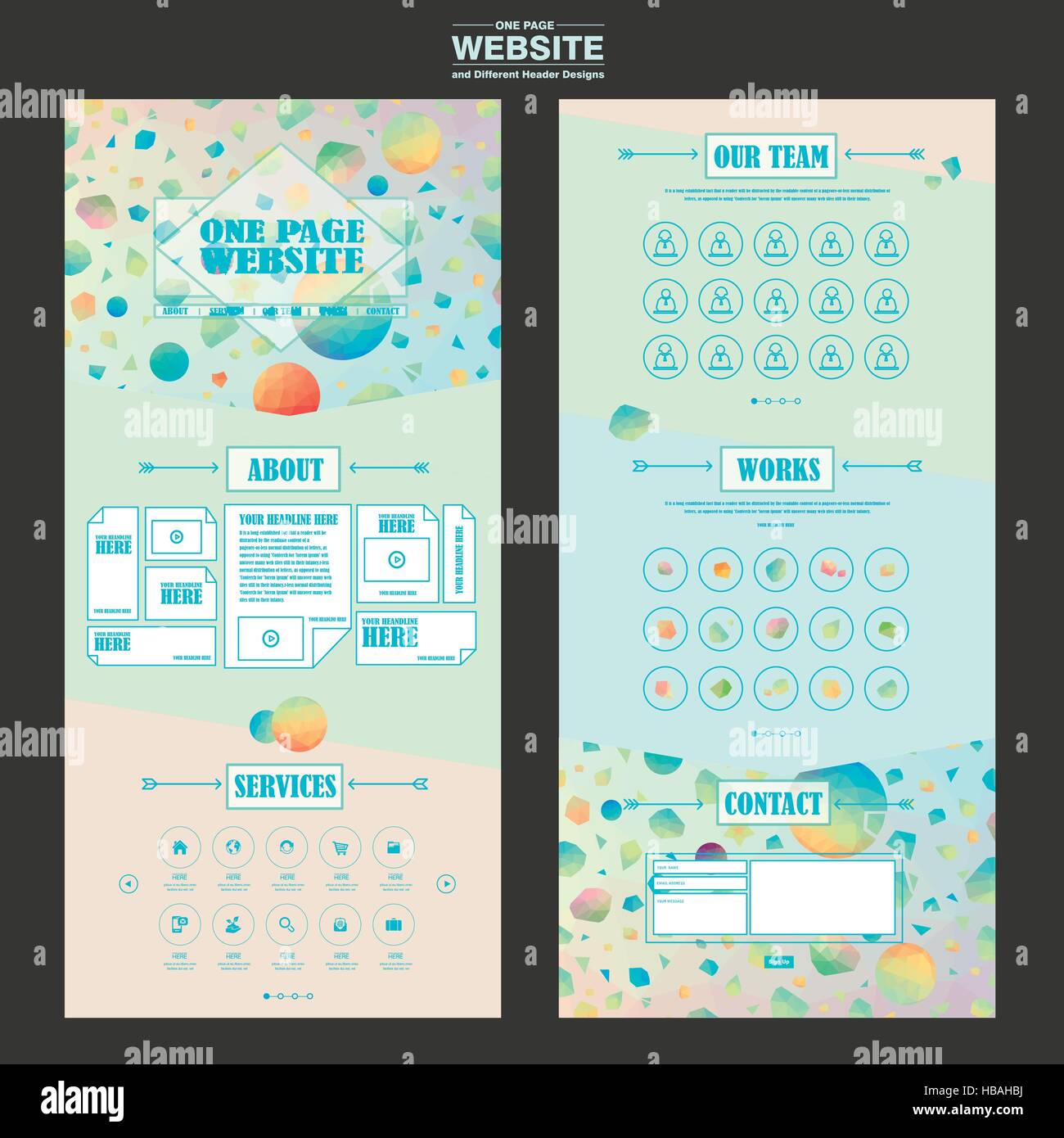 pretty one page website template design with colorful crystal elements ...