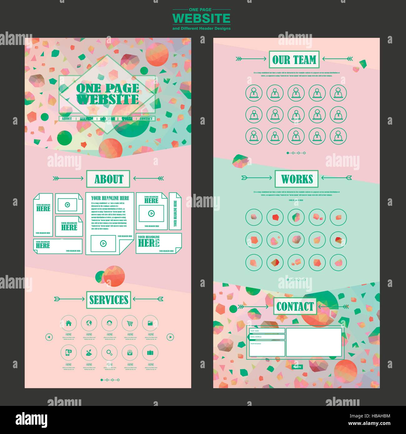 pretty one page website template design with colorful crystal elements ...