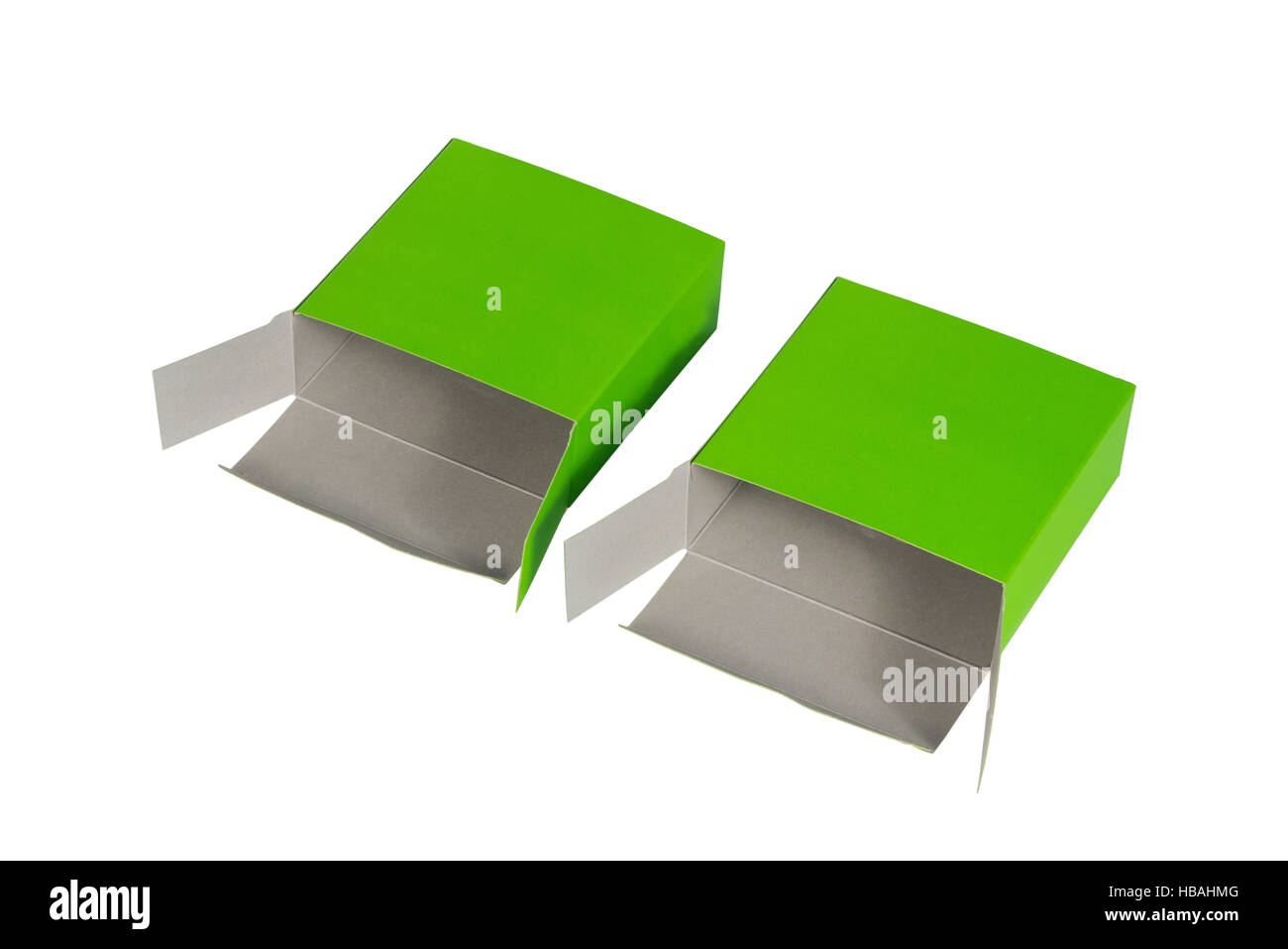 Two green Box with lid open or green paper package box isolated on ...