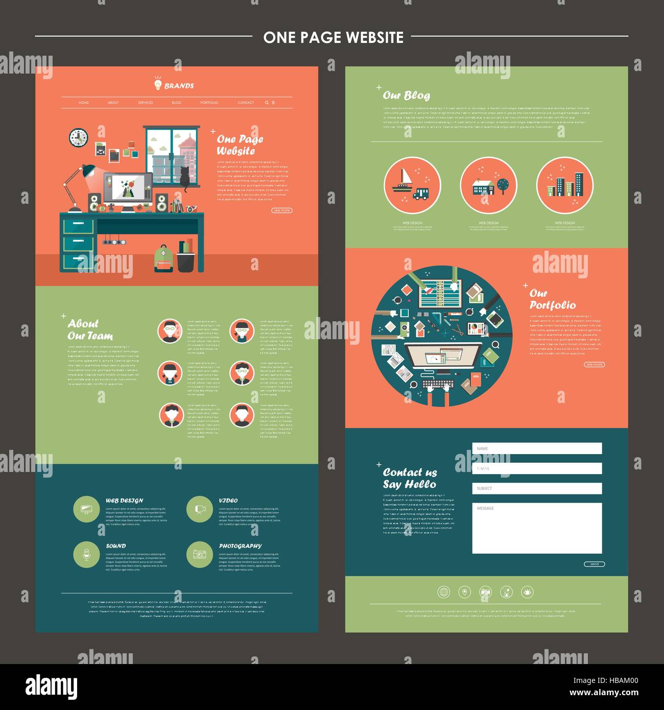 lovely workplace one page website design template in orange and green ...