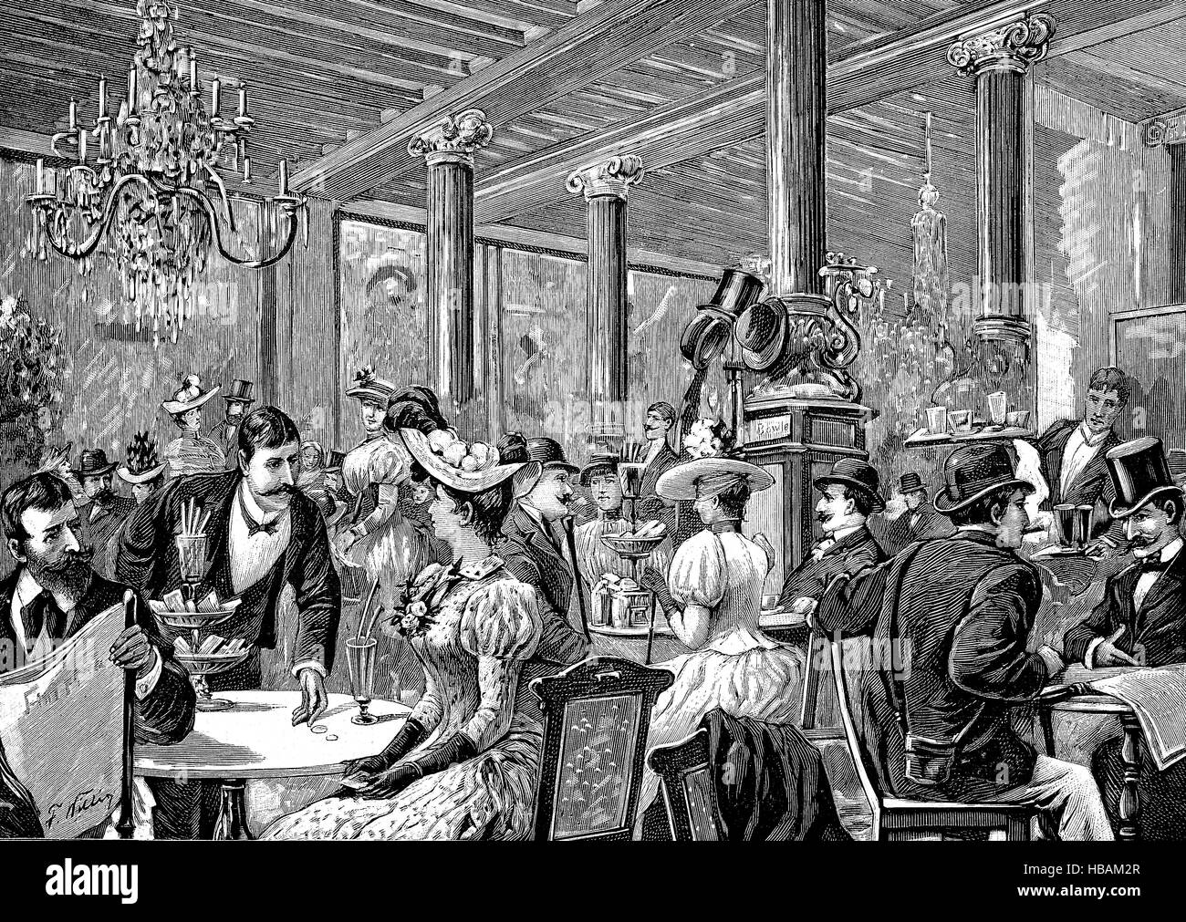the restaurant Cafe Bauer in Berlin, Germany, hictorical illustration ...