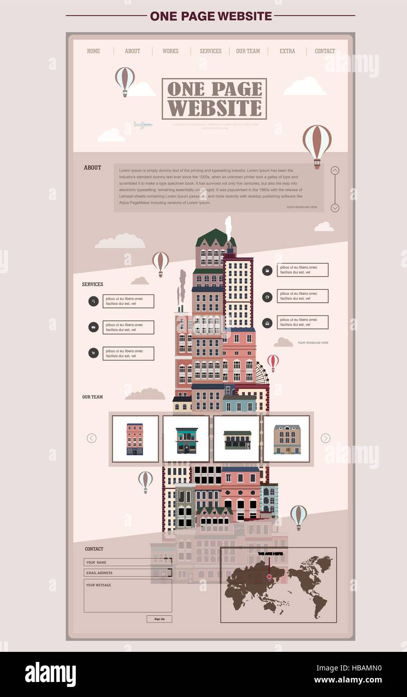 retro city scene one page website design template in flat style Stock ...