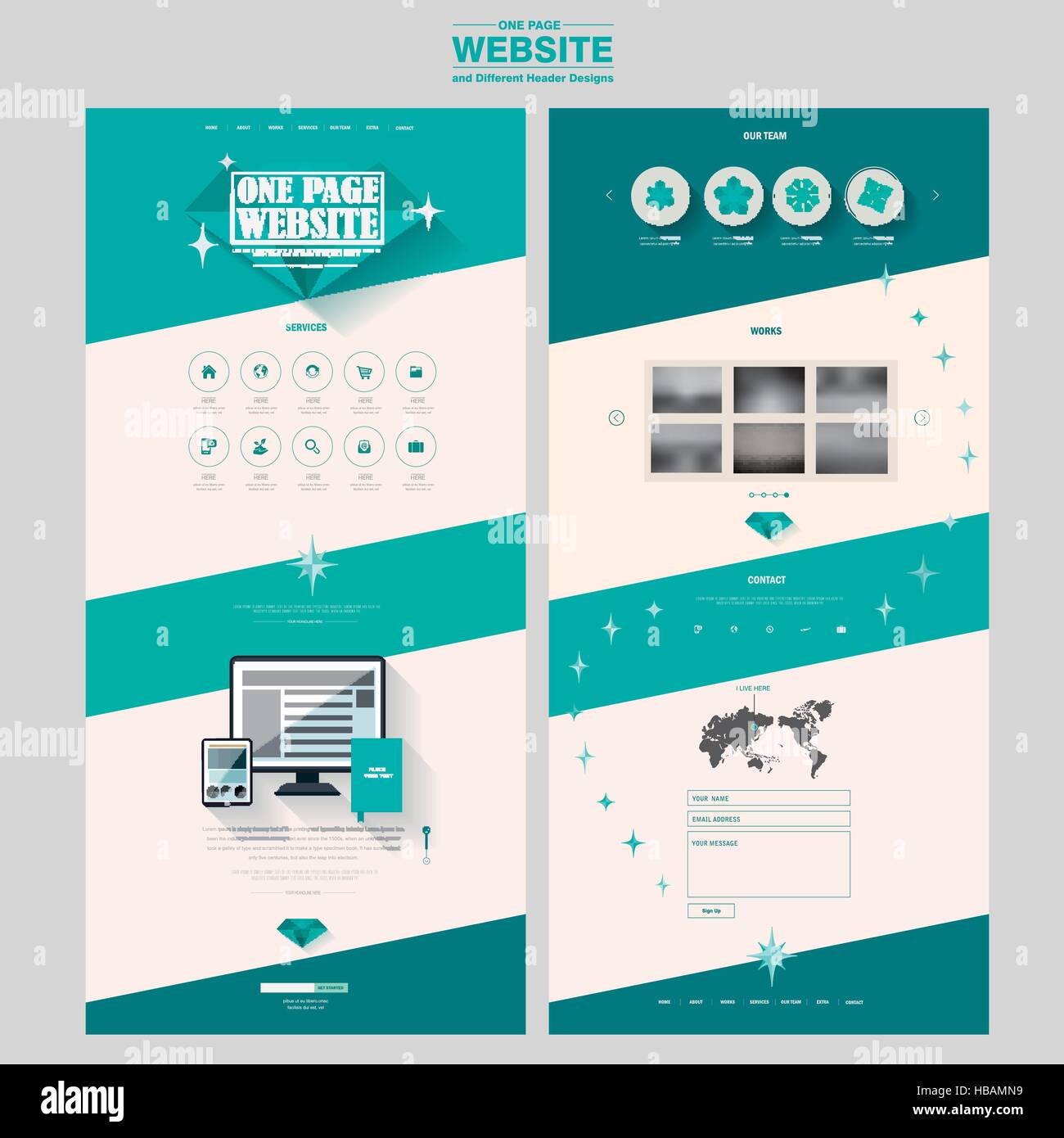 modern one page website design template with diamond elements in flat ...