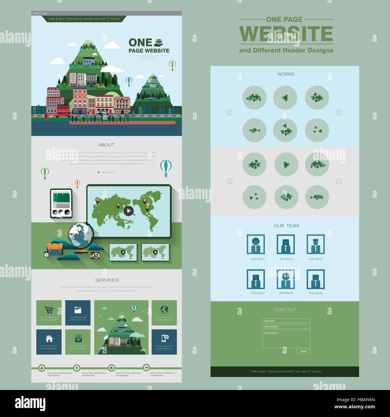natural scenery one page website design template in flat style Stock ...