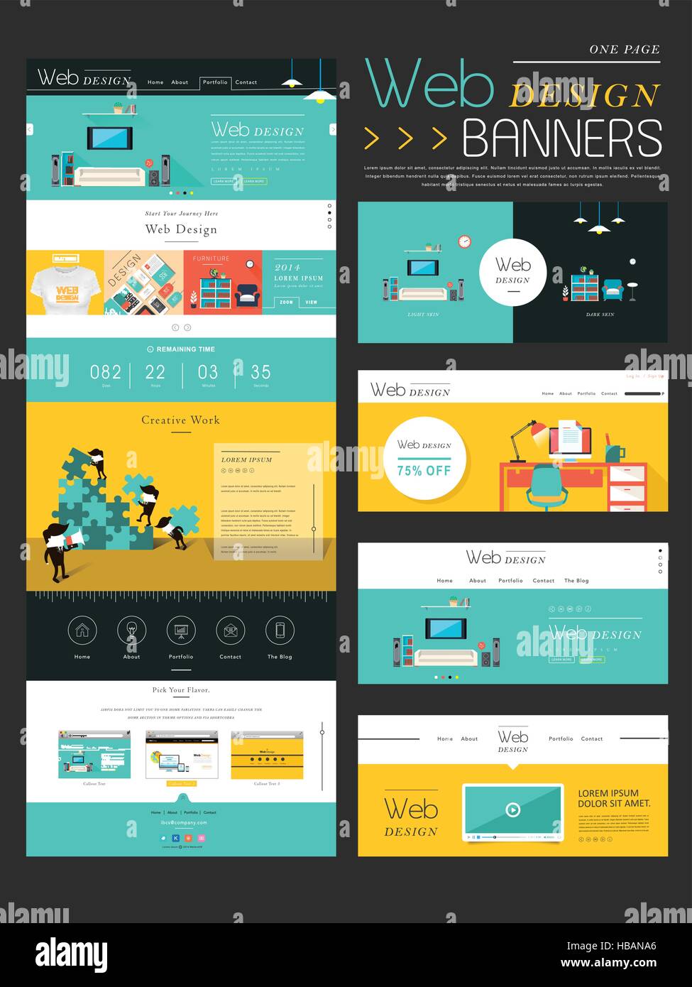 flat style one page website template design with workplace concept ...
