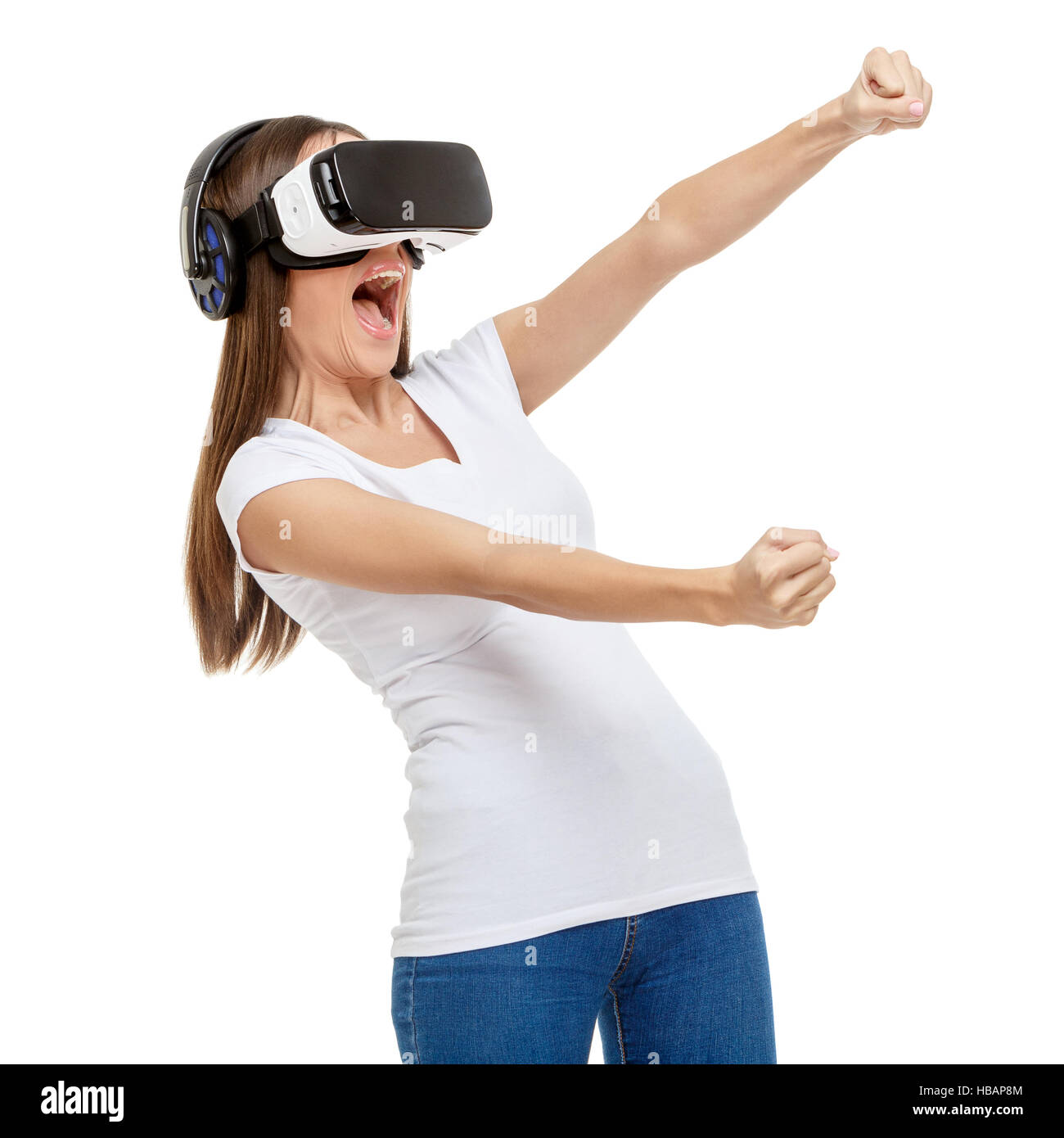 Woman with virtual reality goggles Stock Photo - Alamy
