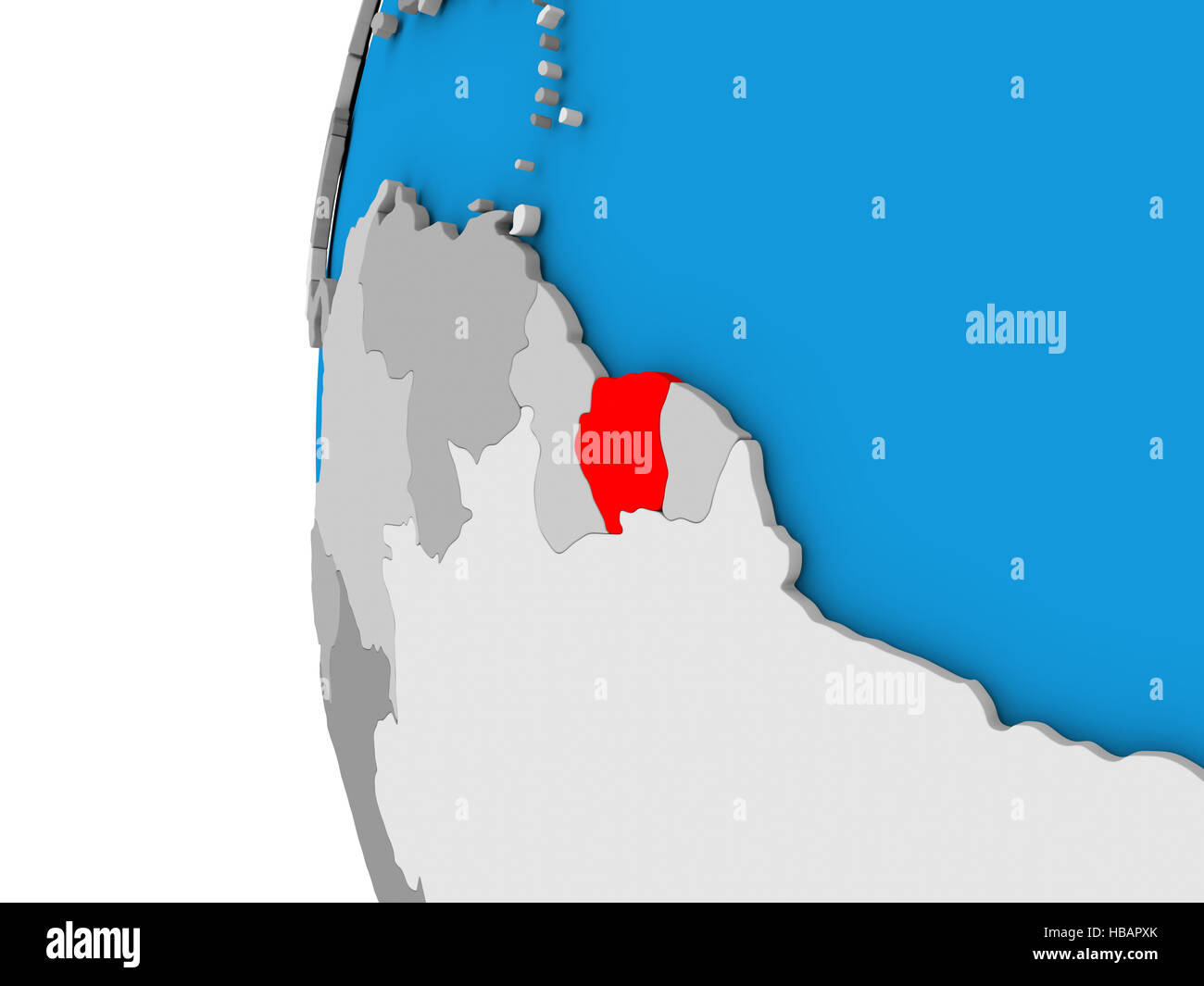 3D map of Suriname focused in red on simple globe. 3D illustration ...