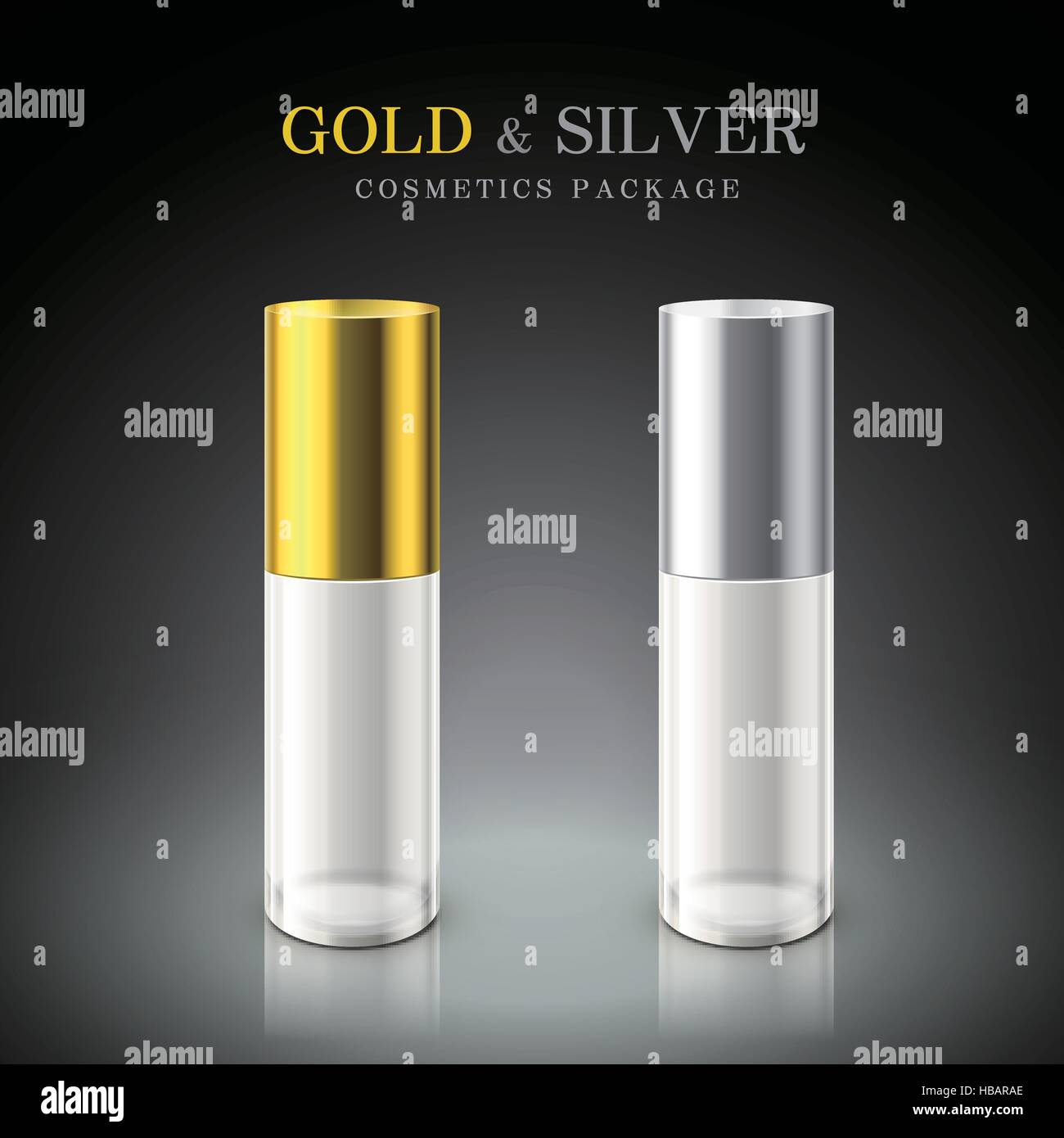 golden and silver cosmetic package isolated on black background Stock ...