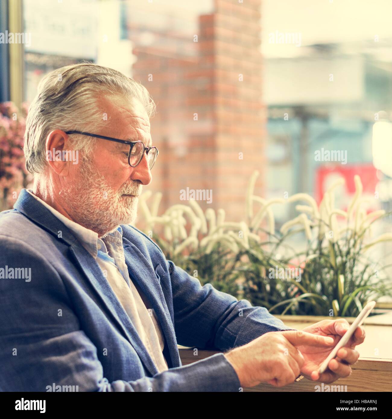 Senior Man Mobile Phone Communication Connection Technology Concept ...