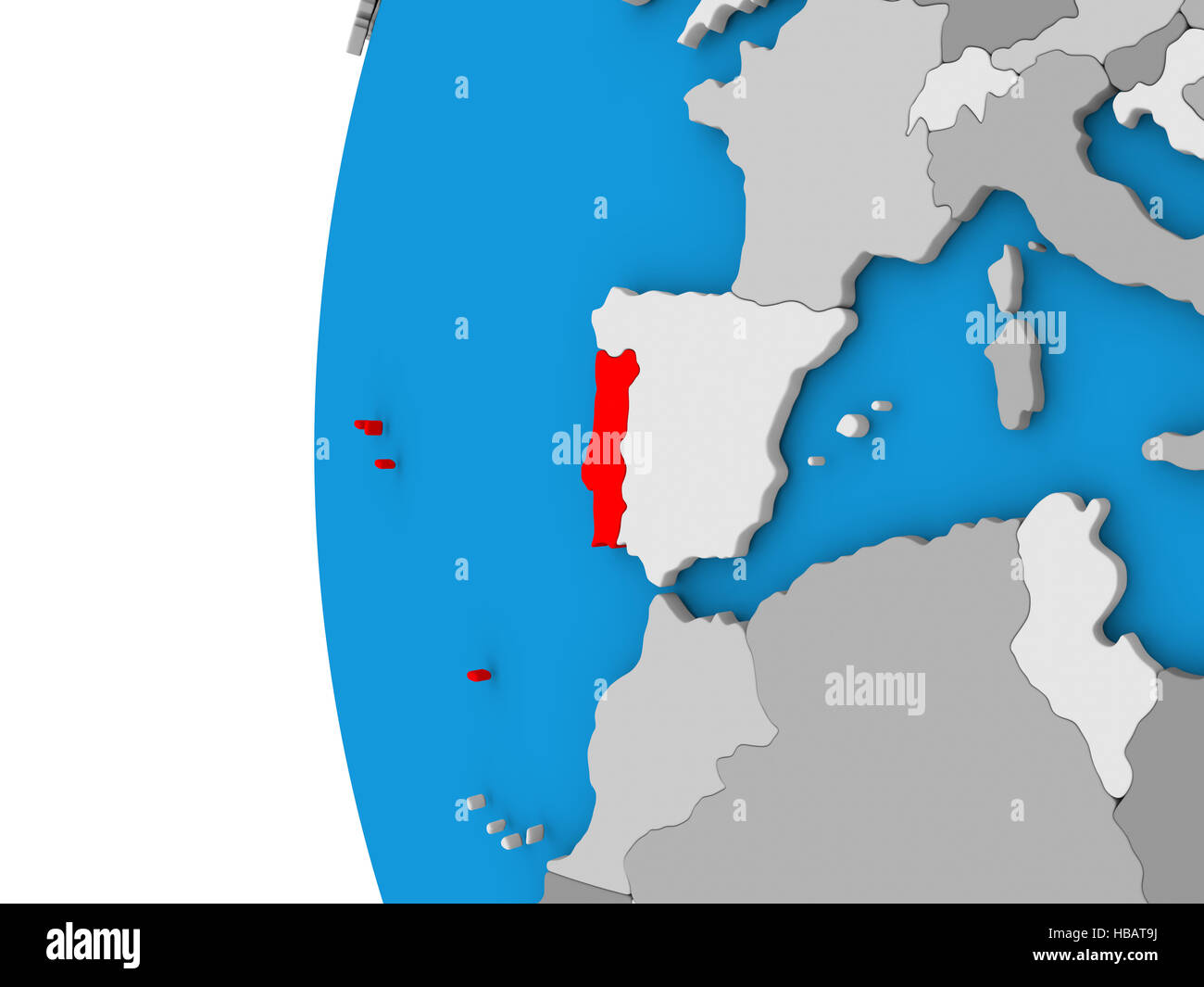 3D map of Portugal focused in red on simple globe. 3D illustration ...