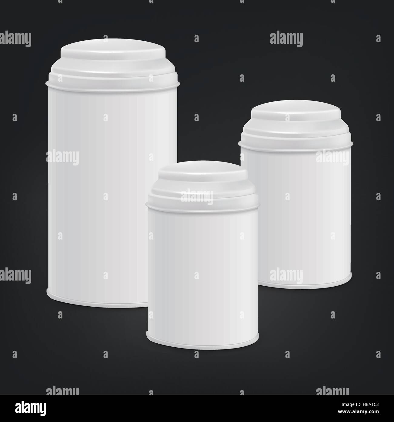 white round tin packaging set isolated on black background Stock Vector ...